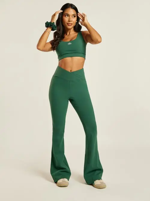 BE ATHLETICA Wrap-waist Flared Leggings - Forest