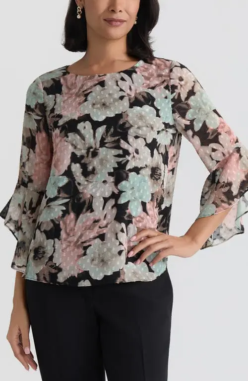 KASPER Blurred Floral Print Clip Dot Top - Black Multi