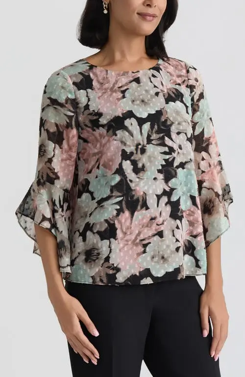 KASPER Blurred Floral Print Clip Dot Top
