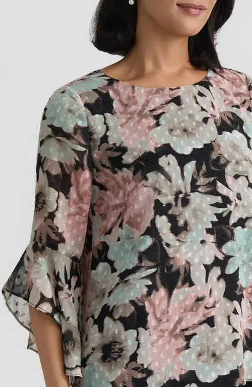 KASPER Blurred Floral Print Clip Dot Top