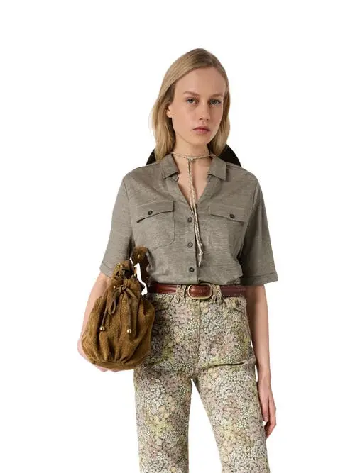 Gerard Darel Moana Open Collar Linen Shirt - Medium Khaki