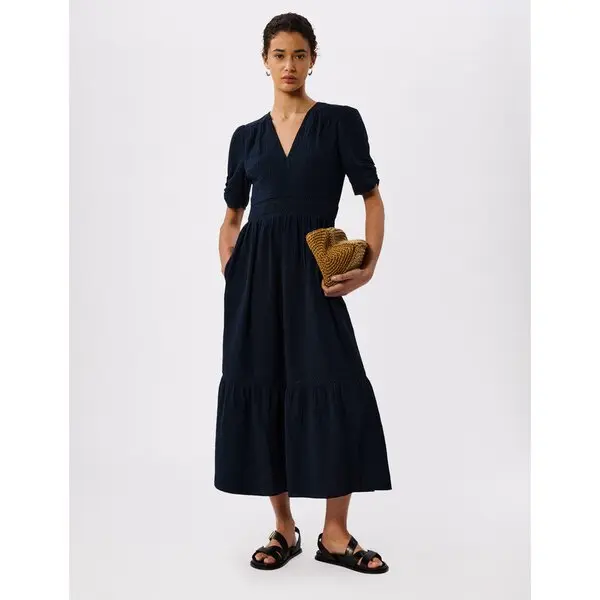 Whistles V-neck Textured Midi Dress - Navy