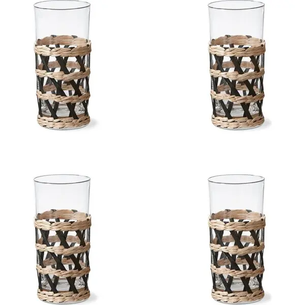 TAG Island Collection Clear High Ball Glasses With Cattail Sleeves - Black