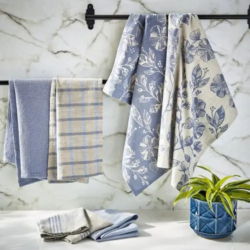TAG Canyon Print Floral Dishtowel S/2 Blue D Blue Denim Cotton Everyday
