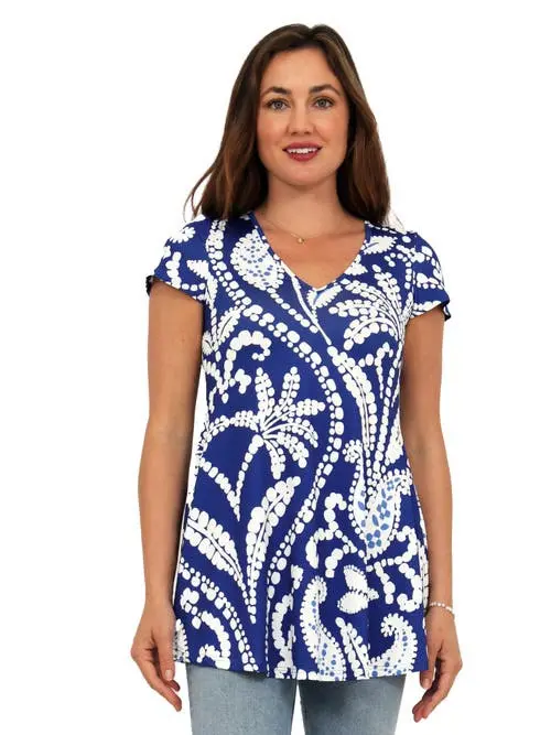 24SEVEN COMFORT APPAREL Basic Paisley Print V-neck Short Sleeve Flared Tunic Top - Blue Multi