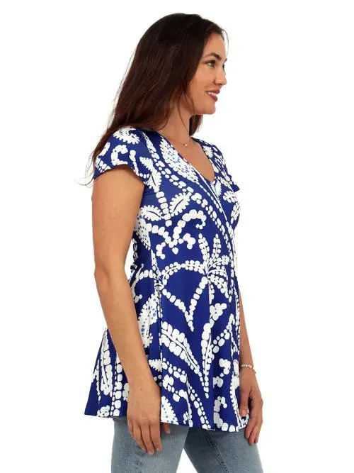 24SEVEN COMFORT APPAREL Paisley Print V-neck Short Sleeve Flared Tunic Top