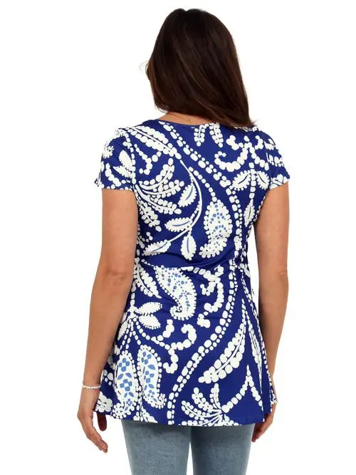 24SEVEN COMFORT APPAREL Paisley Print V-neck Short Sleeve Flared Tunic Top