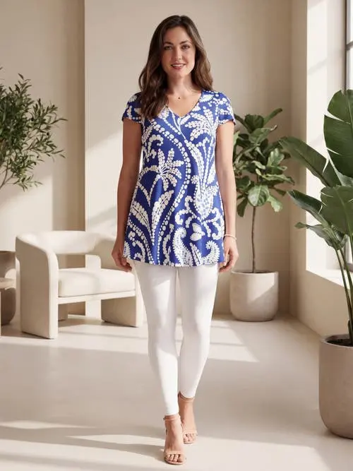 24SEVEN COMFORT APPAREL Paisley Print V-neck Short Sleeve Flared Tunic Top