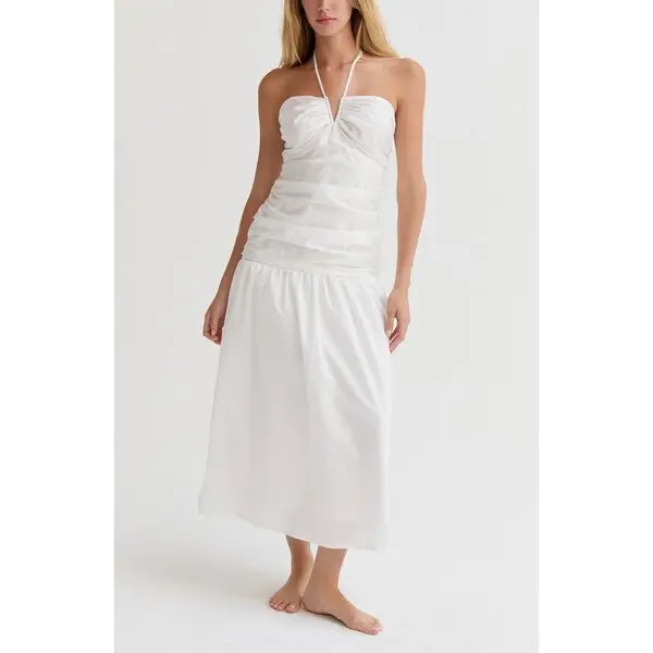CRESCENT Shirred Halter Midi Dress In Tencel Blend - White