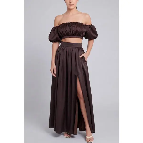 NUAJE NUAJE Isabelle Cotton Silk Gathered Maxi Skirt - Brown