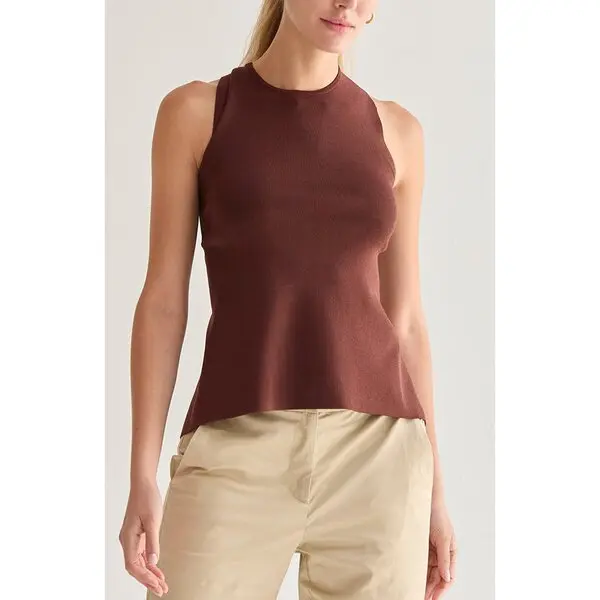 CRESCENT Cross Back Cut Out Knit Top - Choco Brown