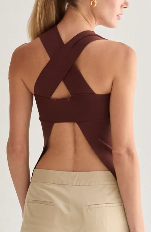 CRESCENT Cross Back Cut Out Knit Top - Choco Brown