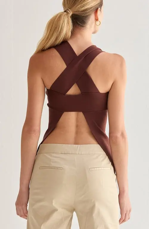 CRESCENT Cross Back Cut Out Knit Top - Choco Brown