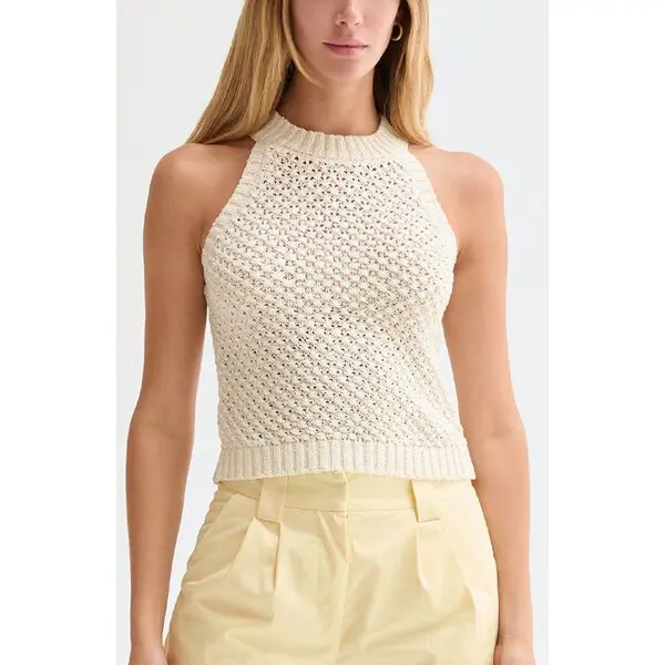 CRESCENT Basket Weave Halter Knit Top - Cream