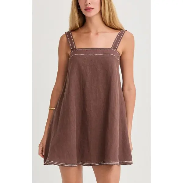 CRESCENT Contrast Stitch Square Neck Linen Mini Dress - Brown