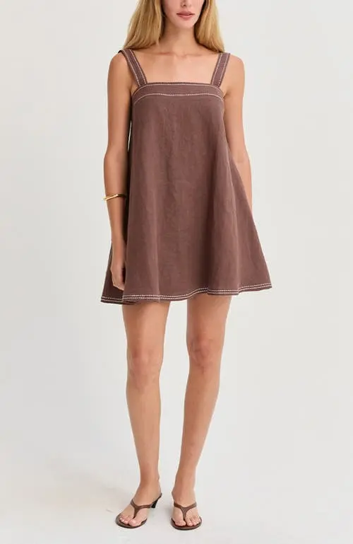 CRESCENT Contrast Stitch Square Neck Linen Mini Dress