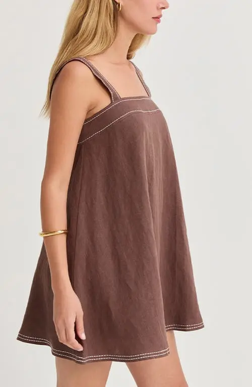 CRESCENT Contrast Stitch Square Neck Linen Mini Dress