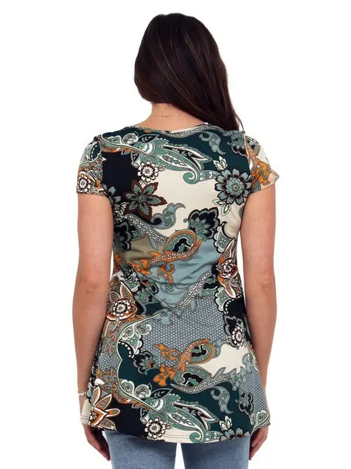 24SEVEN COMFORT APPAREL V-neck Short Sleeve Flared Floral Tunic Top