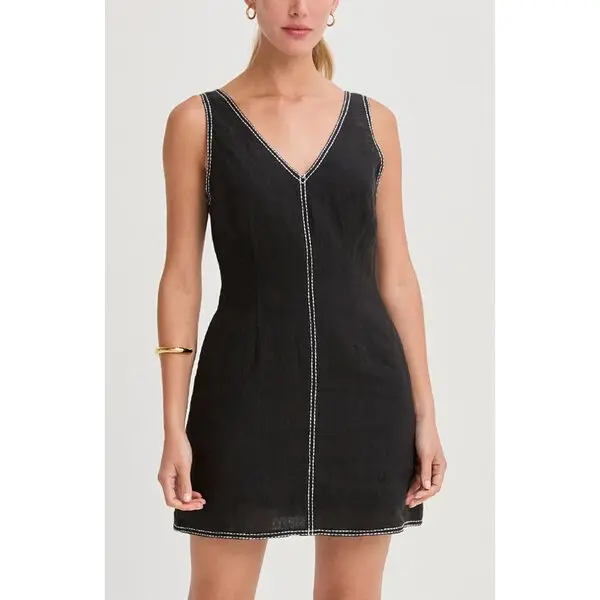 CRESCENT Contrast Stitch V-neck Linen Mini Dress