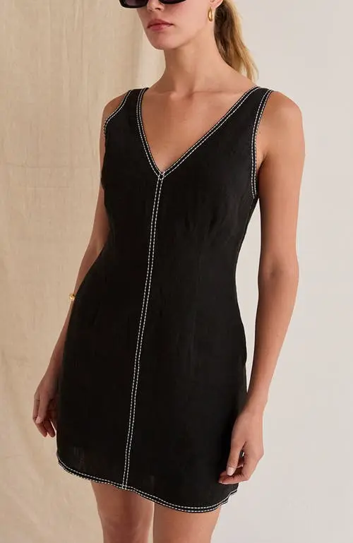 CRESCENT Contrast Stitch V-neck Linen Mini Dress