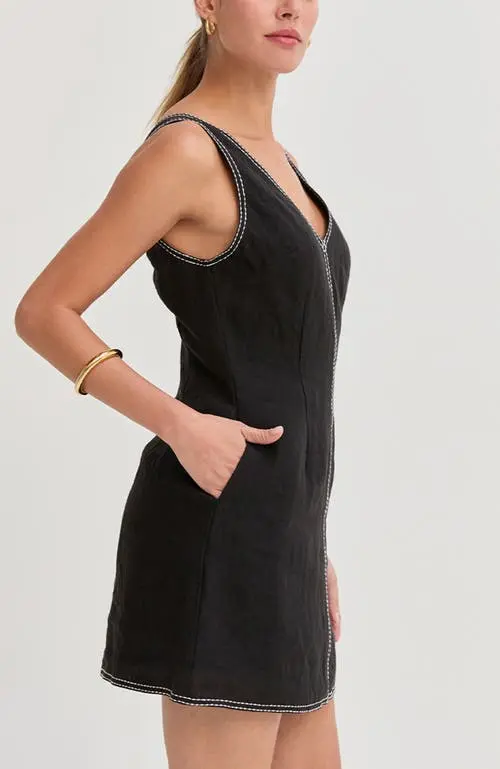CRESCENT Contrast Stitch V-neck Linen Mini Dress