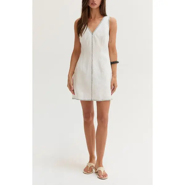 CRESCENT Contrast Stitch V-neck Linen Mini Dress - White