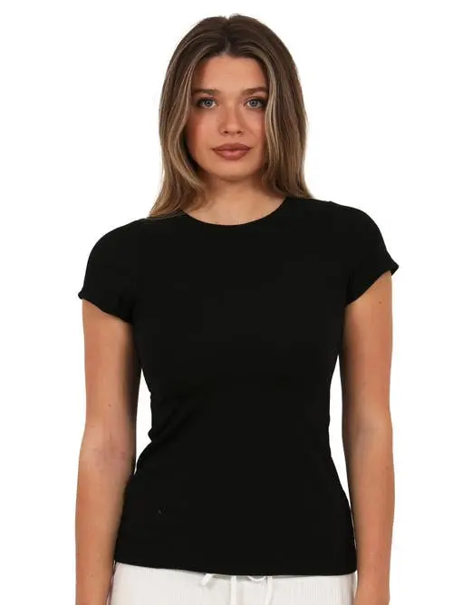 24SEVEN COMFORT APPAREL Ribbed Knit Round Neck Short Sleeve Top - Black