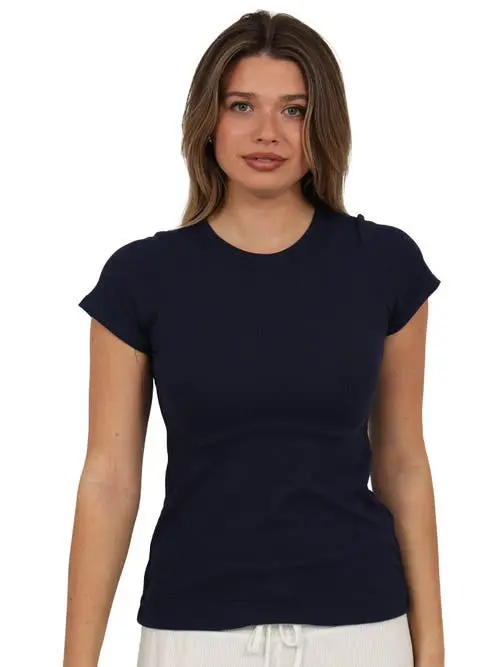 24SEVEN COMFORT APPAREL Ribbed Knit Round Neck Short Sleeve Top - Navy