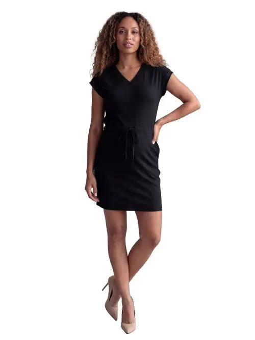 24SEVEN COMFORT APPAREL Maternity Essential Ribbed Knit V-neck Drawstring Waist Pocket Knee-length Dress - Black