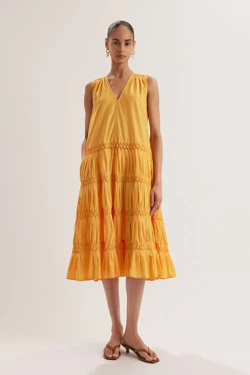 Merlette Wallis Smocked Cotton Lawn Midi Dress - Marigold