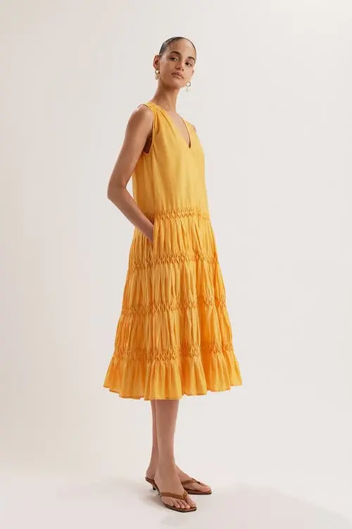 Merlette Wallis Smocked Cotton Lawn Midi Dress - Marigold