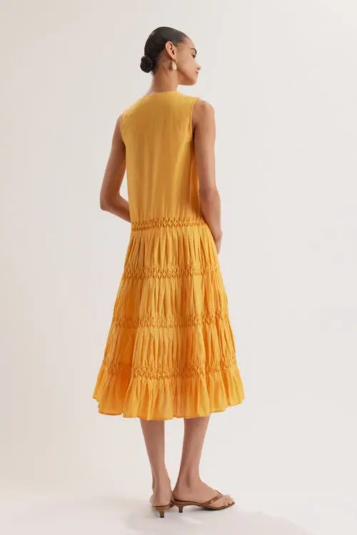 Merlette Wallis Smocked Cotton Lawn Midi Dress - Marigold