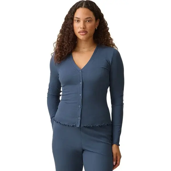KINDRED BRAVELY Ribbed Modal Cardigan With Button-down Access And Lettuce Trim - Light Navy