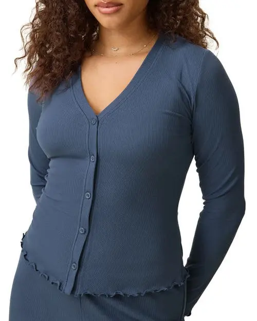 KINDRED BRAVELY Ribbed Modal Cardigan With Button-down Access And Lettuce Trim - Light Navy