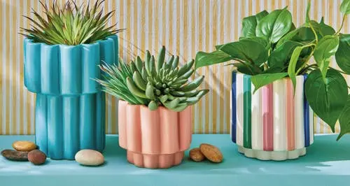 TAG Teal Scallop Tall Stoneware Planter With Silicone Plug 6.46x6.46x7.87