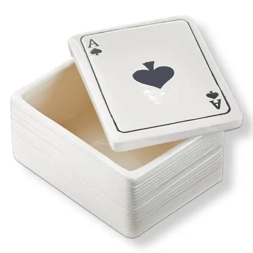 TAG Ace Of Spades Earthenware Lidded Trinket Box 3.2 X 4.25 X 2.25 - White
