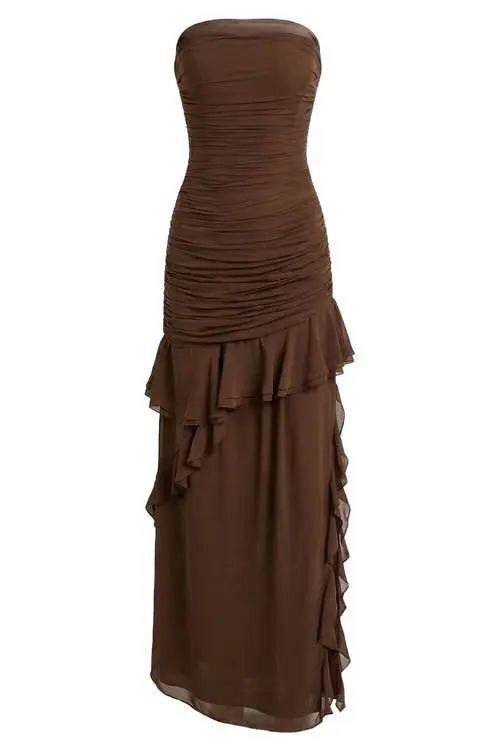 NICHOLAS Viola Strapless Ruched Maxi Dress With Ruffle Detail - Mocha