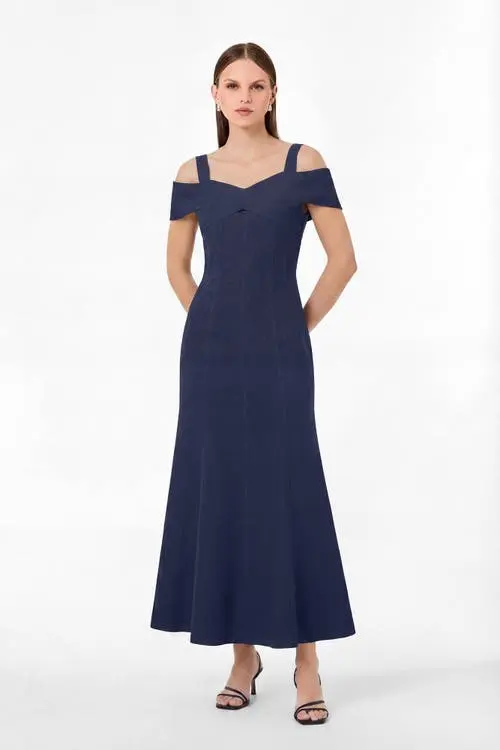 NICHOLAS Ivana Linen Off-shoulder Midi Dress - Midnight
