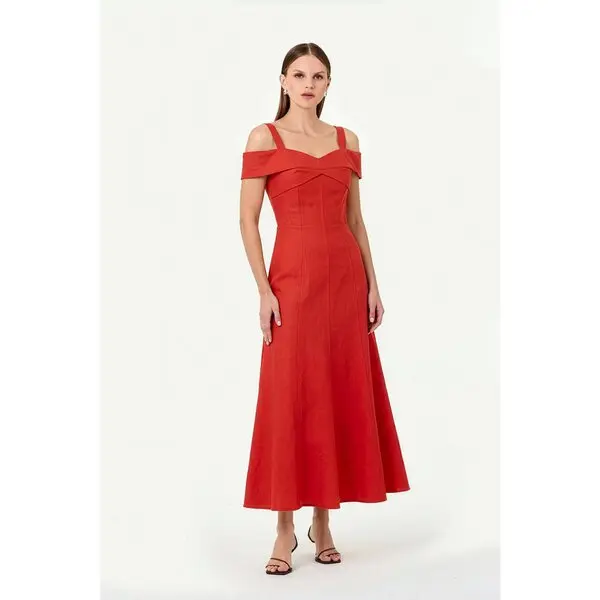 NICHOLAS Ivana Linen Off-shoulder Midi Dress - Tomato