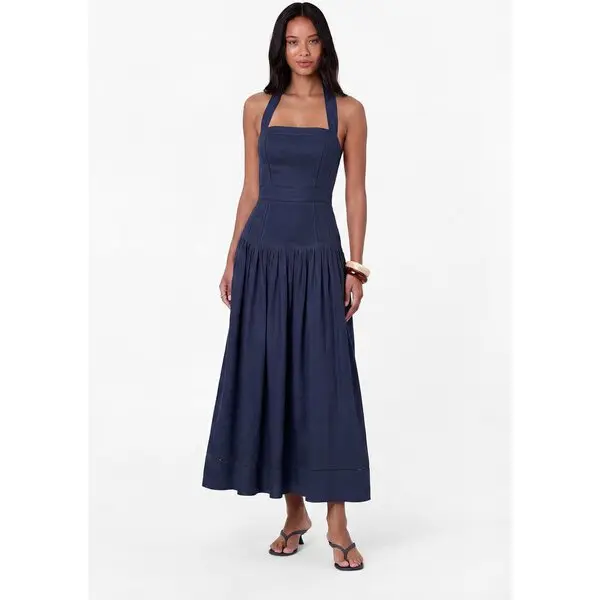 NICHOLAS Vivianne Linen Halter Neck Midi Dress - Midnight