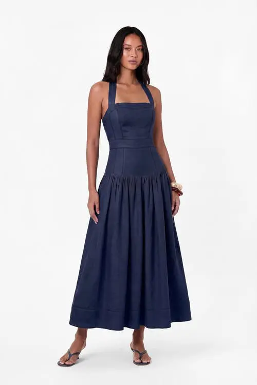 NICHOLAS Vivianne Linen Halter Neck Midi Dress - Midnight