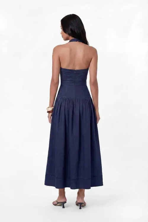 NICHOLAS Vivianne Linen Halter Neck Midi Dress - Midnight