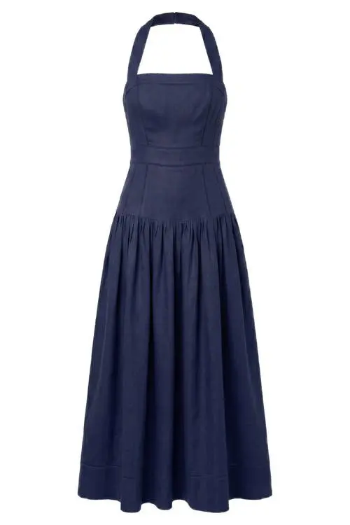 NICHOLAS Vivianne Linen Halter Neck Midi Dress - Midnight
