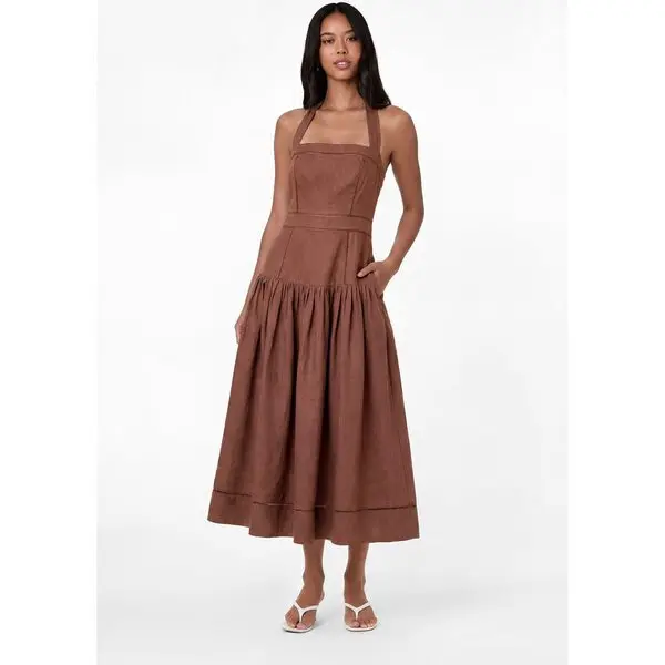 NICHOLAS Vivianne Linen Halter Neck Midi Dress - Mocha
