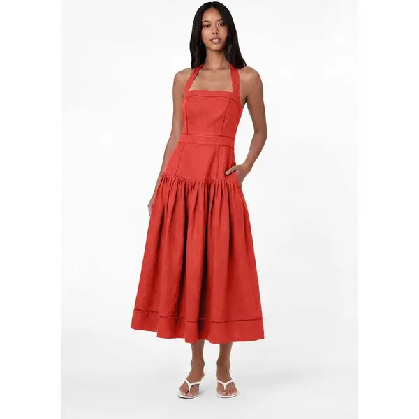NICHOLAS Vivianne Linen Halter Neck Midi Dress - Tomato