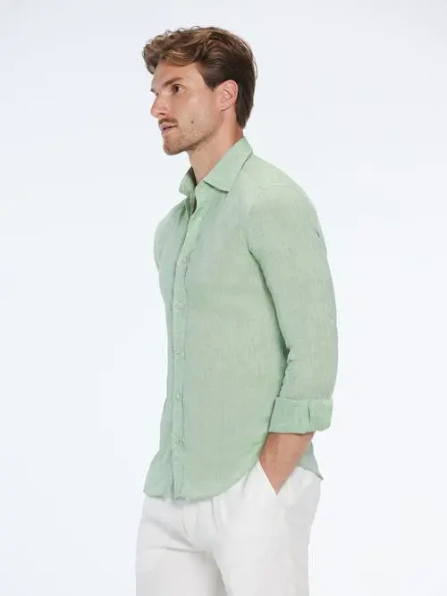 MOEVA Harry Linen Shirt With Spread Collar - Green