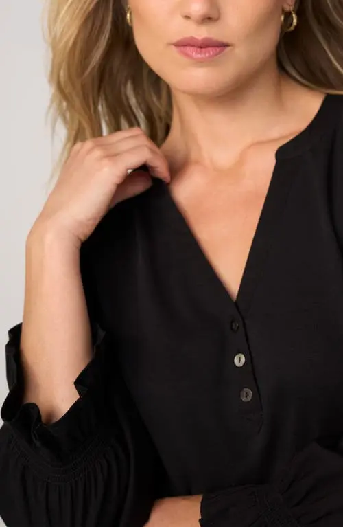 LIVERPOOL Mixed Media Three-quarter Sleeve Top With Smocked Cuffs - Black