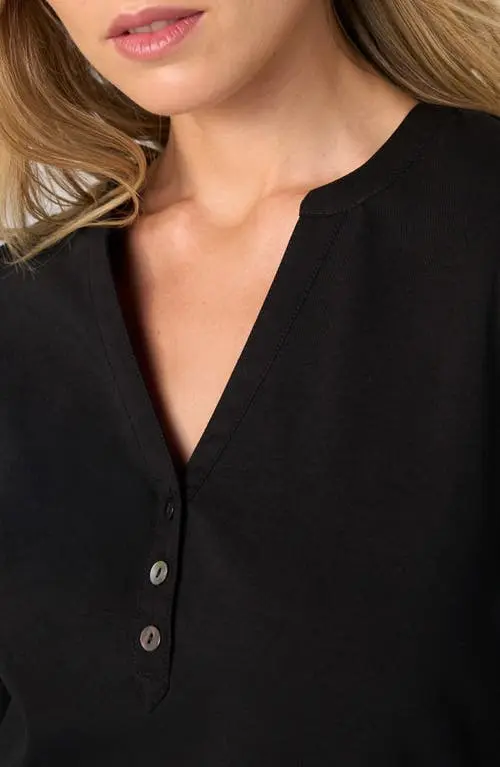 LIVERPOOL Mixed Media Three-quarter Sleeve Top With Smocked Cuffs - Black