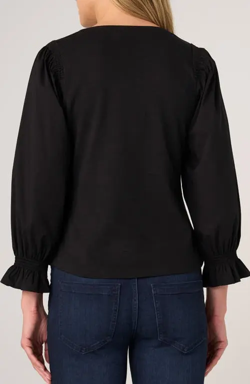 LIVERPOOL Mixed Media Three-quarter Sleeve Top With Smocked Cuffs - Black