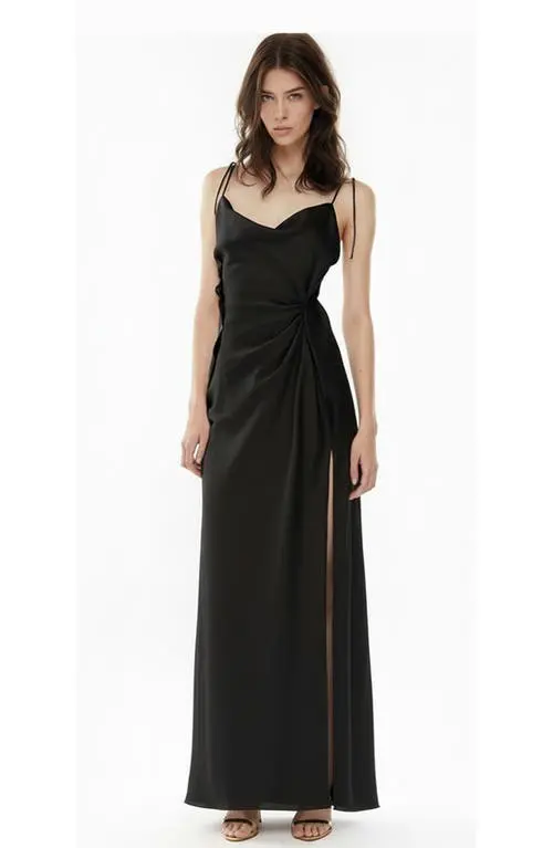 MOTHER OF ALL Etta Maxi Dress With Draped Cowl Neckline And Slit - Black